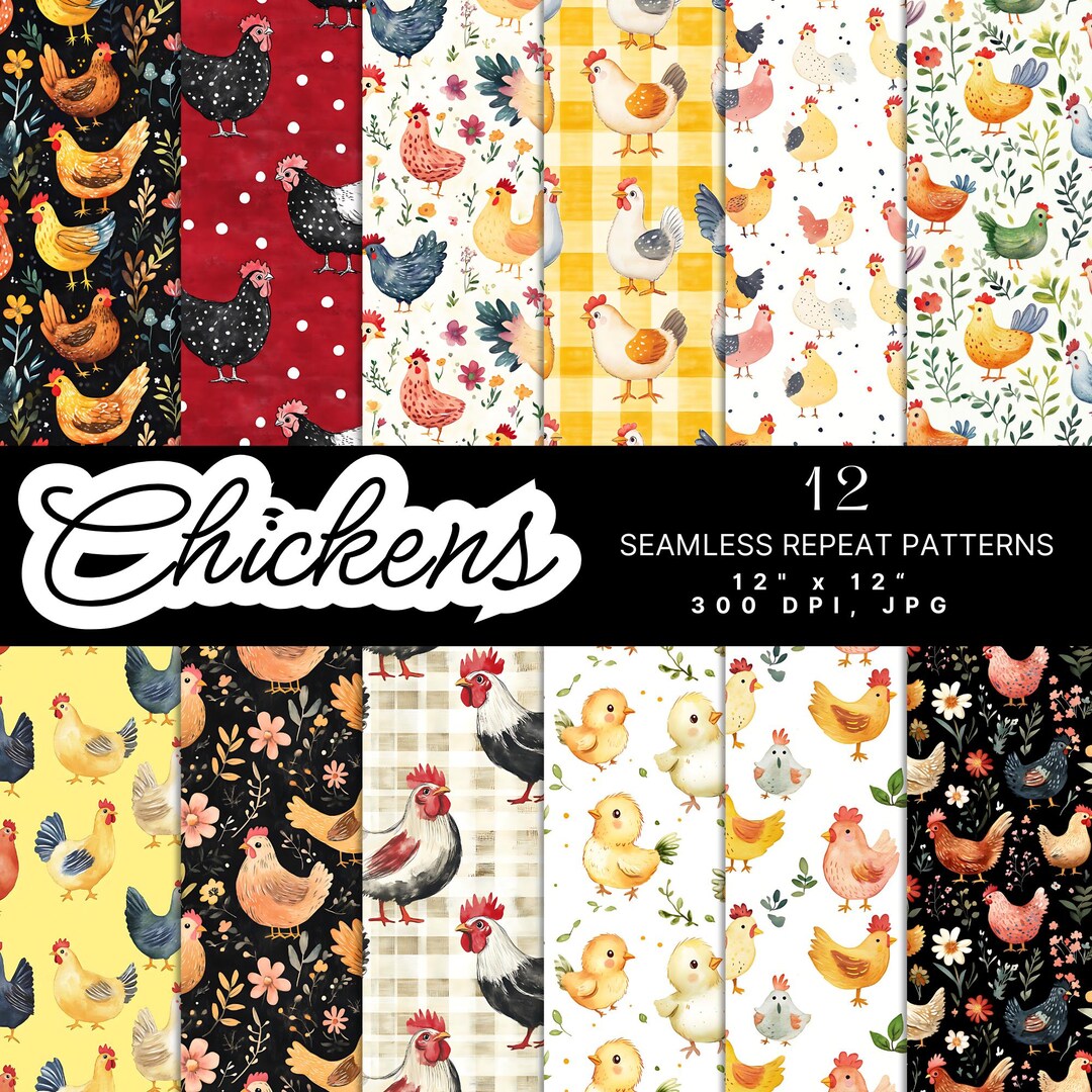 Chicken Pattern Seamless Digital Paper, Farm Roosters Pattern ...