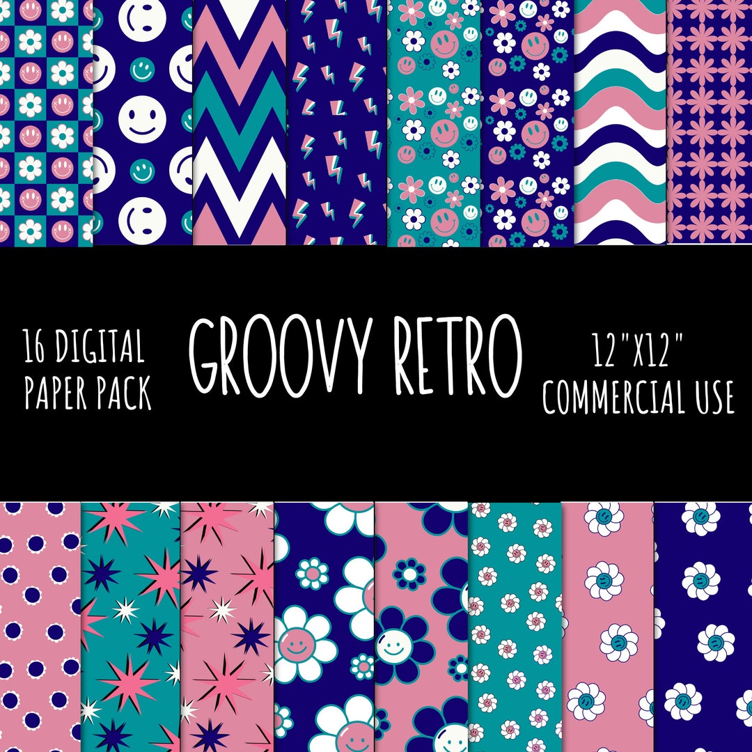 Groovy Retro Digital Paper Pack, Smile Face Retro Scrapbook Paper ...