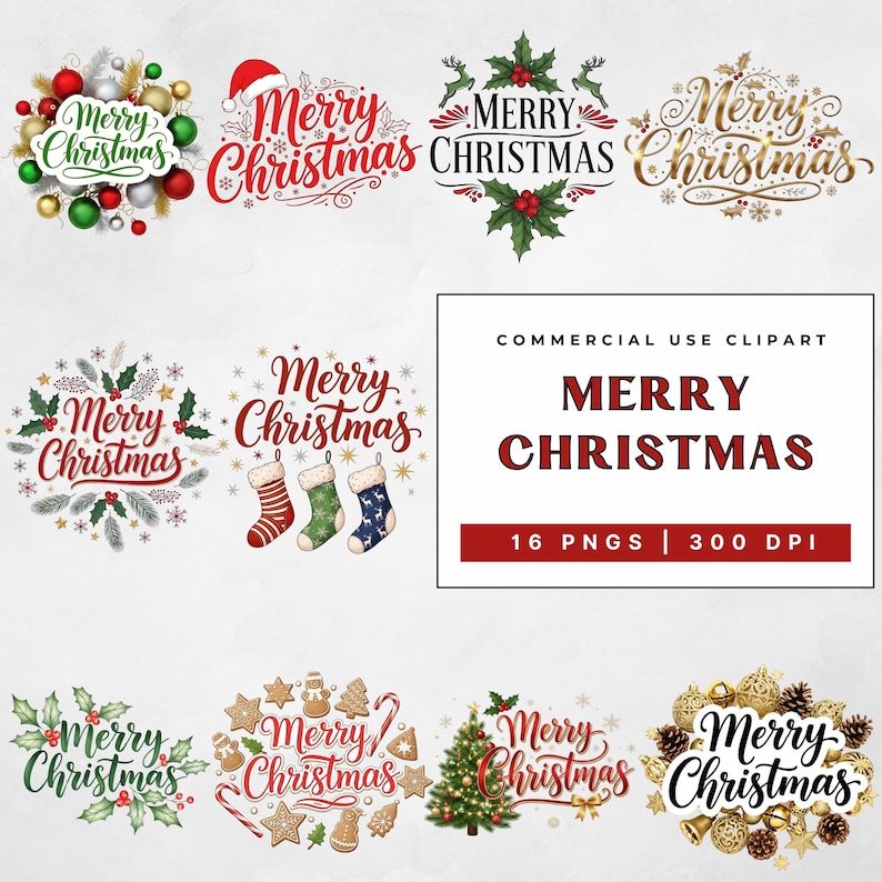 Elegant Merry Christmas Clipart Bundle, 16 PNG Festive Christmas ...