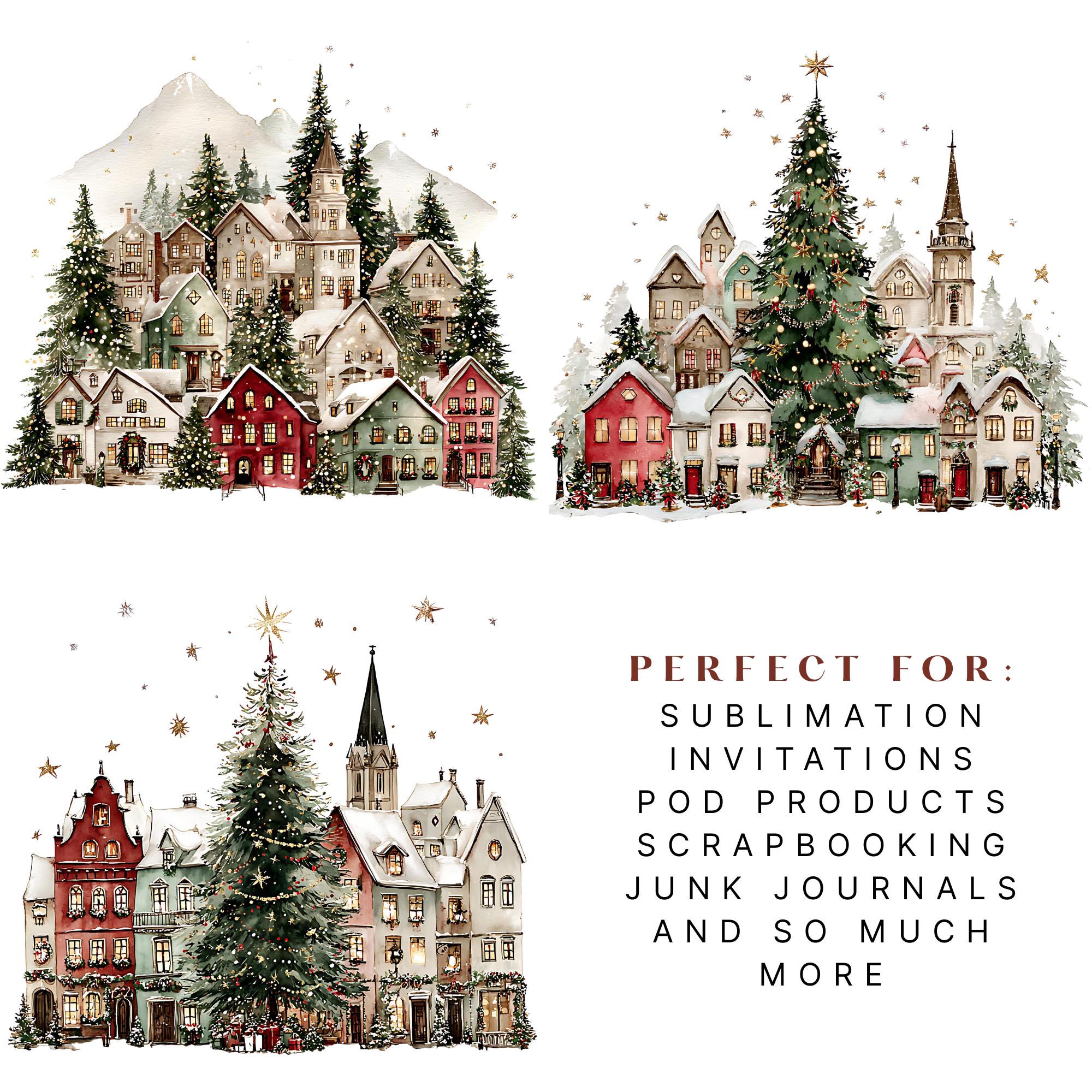 Christmas Village Watercolor Clipart Bundle, 15 PNG Scenes, Festive ...