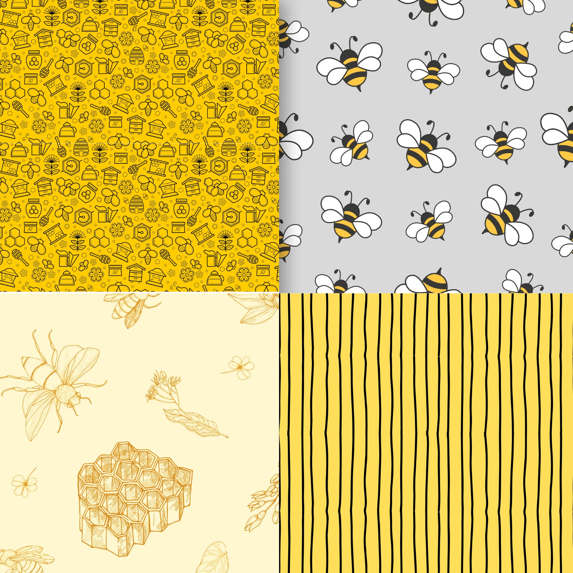 Bee Digital Paper Pack, Bee Patterned Paper, Honeycomb Paper, Yellow ...