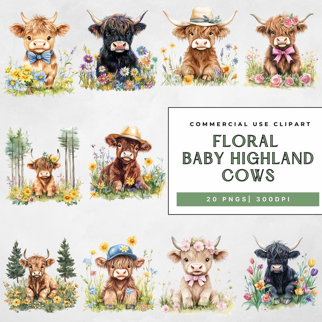 Baby Highland Cow Clipart: Floral Hats, Western PNG Graphics ...