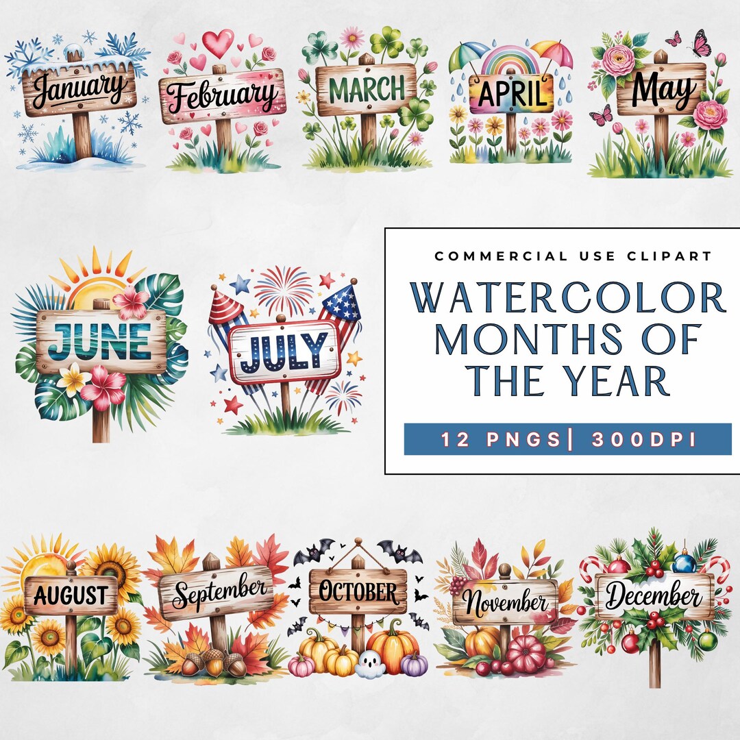 Watercolor Months of the Year Clipart Bundle, Seasonal Holiday ...