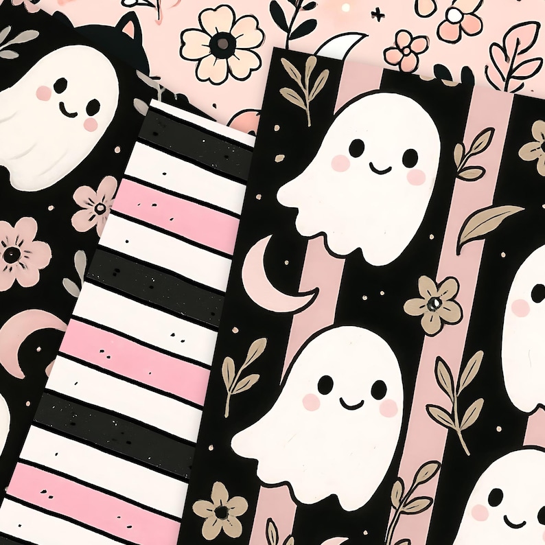 Pink Halloween Digital Paper Pack: Kawaii Ghosts & Skulls (12x12 JPG ...