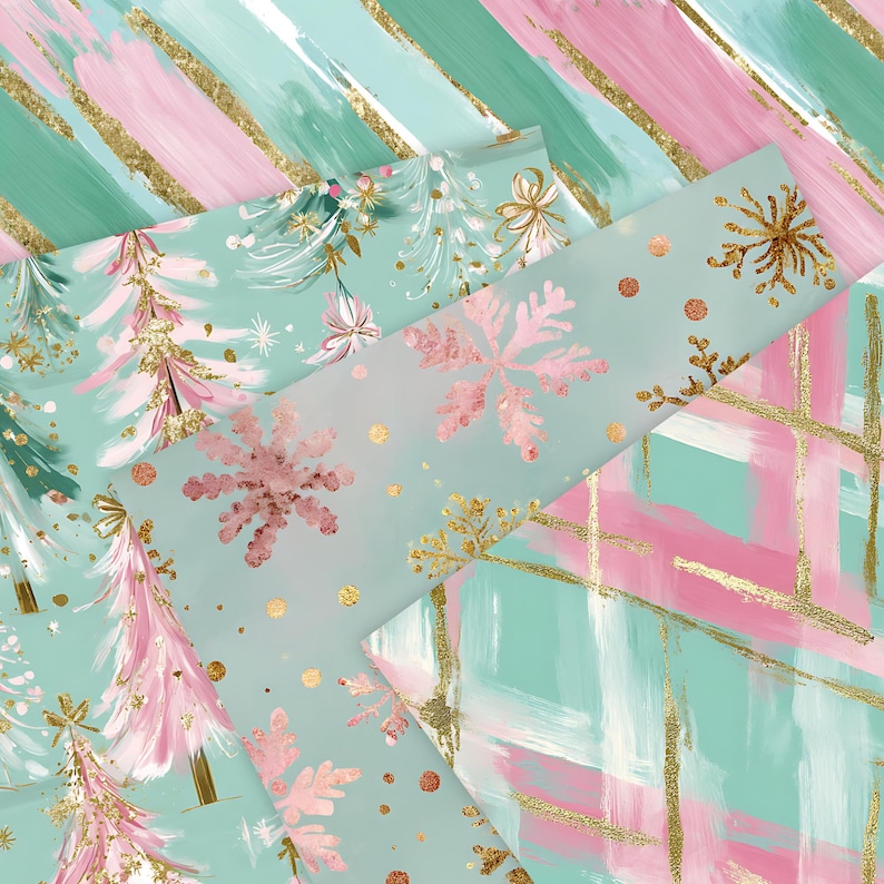 Preppy Pink & Mint Christmas Digital Paper Bundle, 12 Seamless Holiday ...
