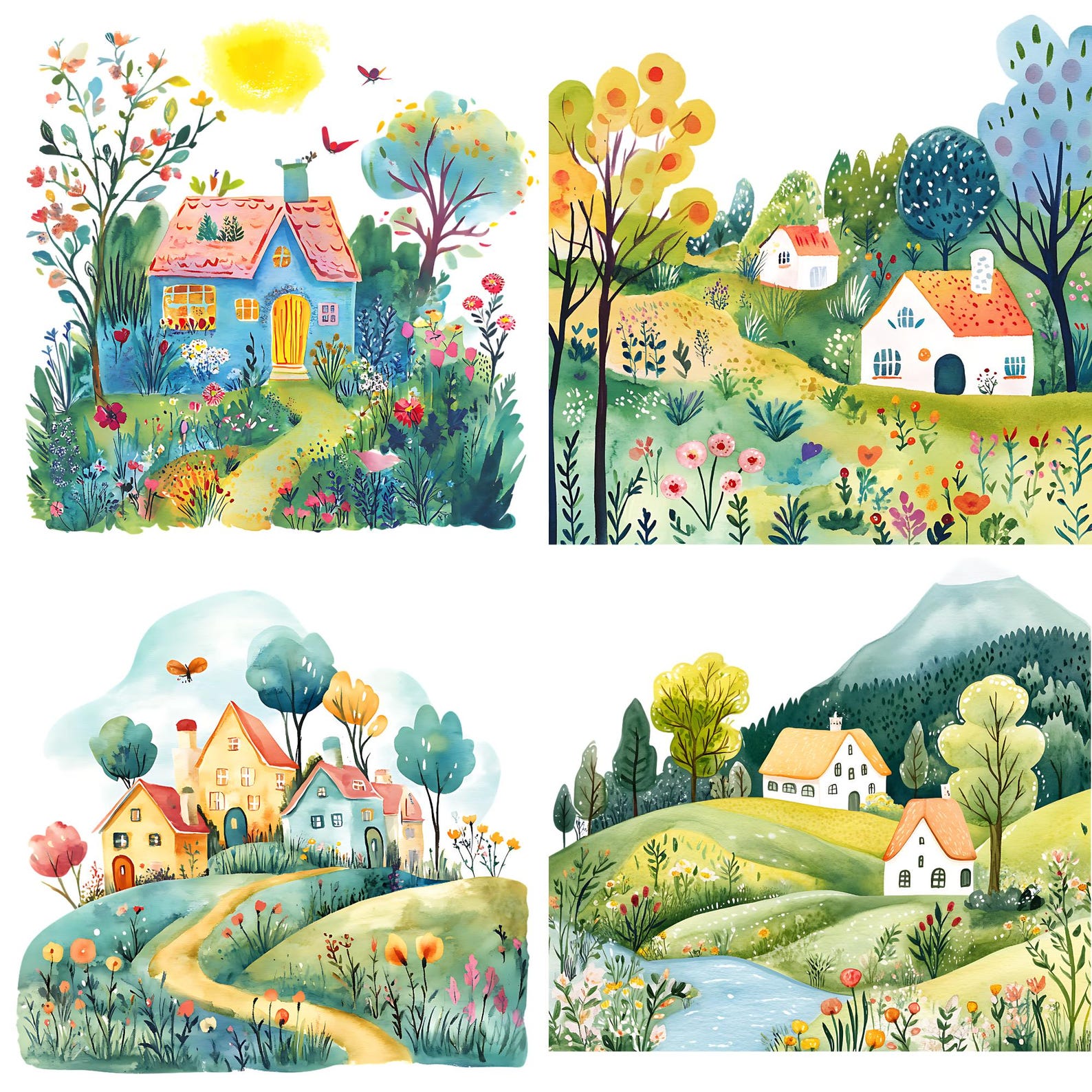 Cottagecore Landscape Clipart Bundle: Watercolor Fantasy Village PNG ...