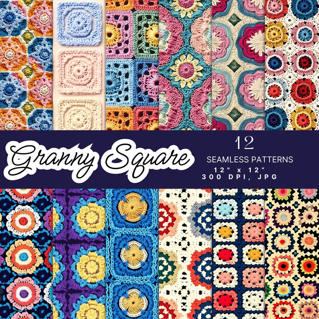 Granny Square Embroidery Digital Paper: Crochet Seamless Patterns ...