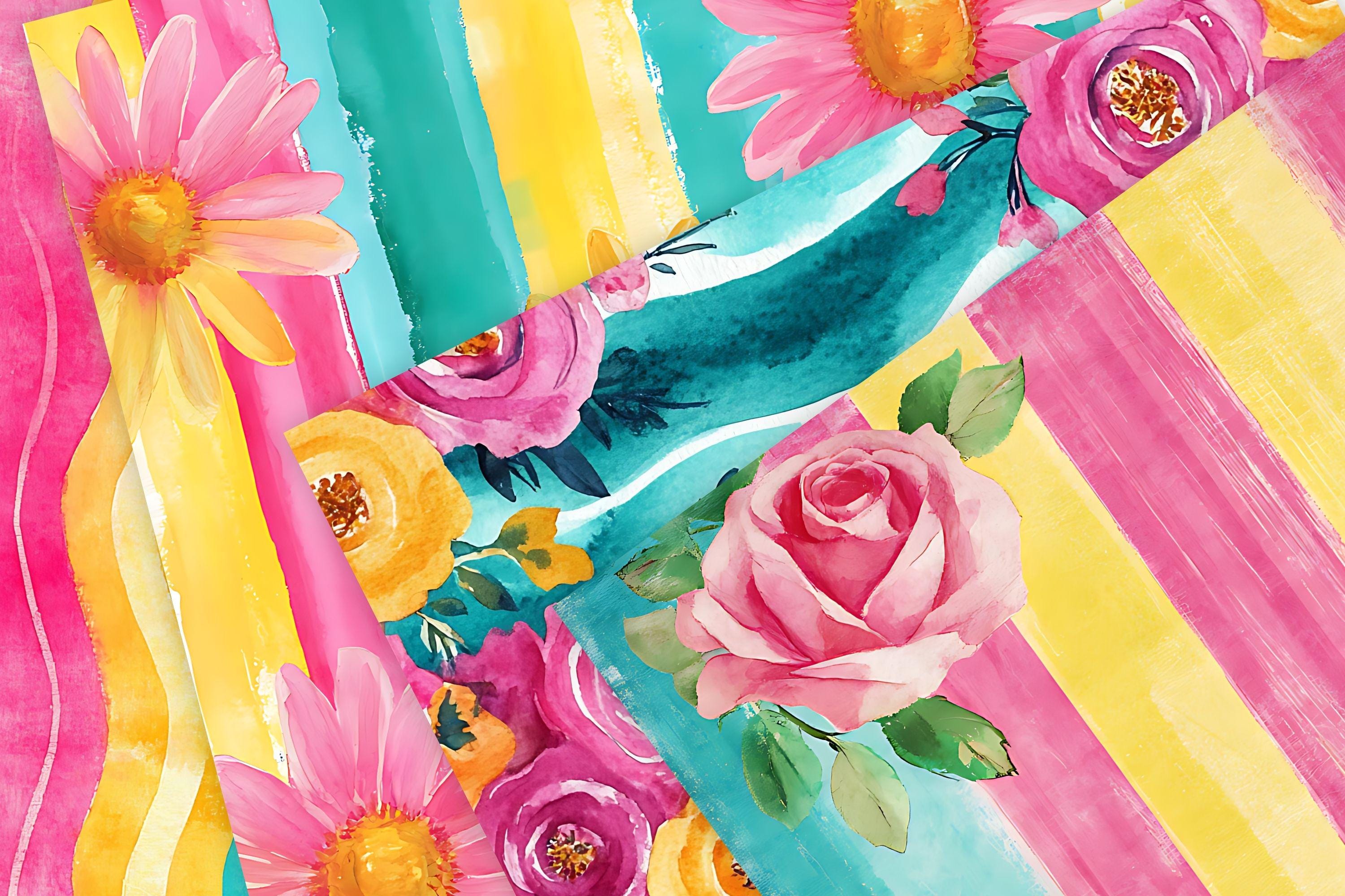 Summer Flower Digital Papers, Spring Floral Watercolor Scrapbook Paper ...