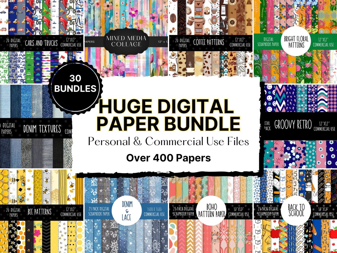 Huge Digital Paper Bundle, Scrapbook Paper, Denim, Floral, Boho, Aztec ...
