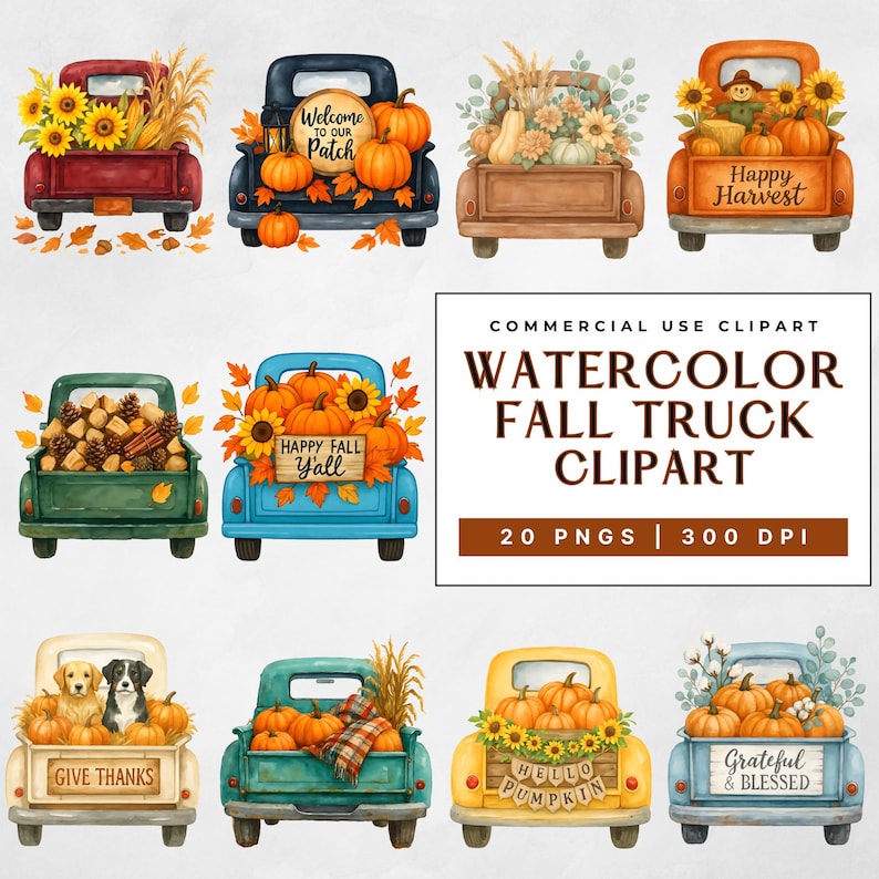 Watercolor Fall Truck Clipart: Autumn Harvest PNG Graphics (commercial ...