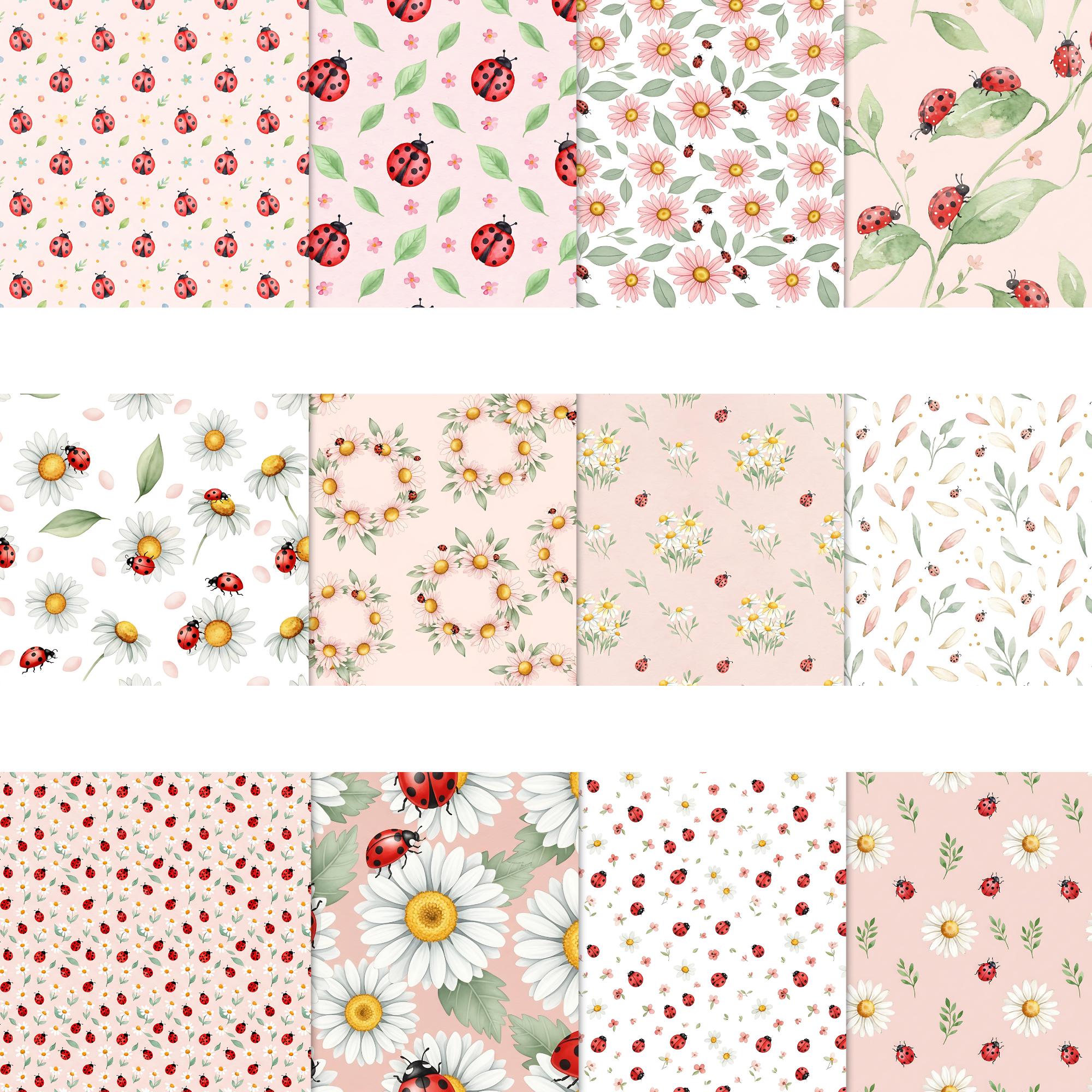 Ladybug Daisy Floral Seamless Pattern Bundle, Spring Bug Digital ...