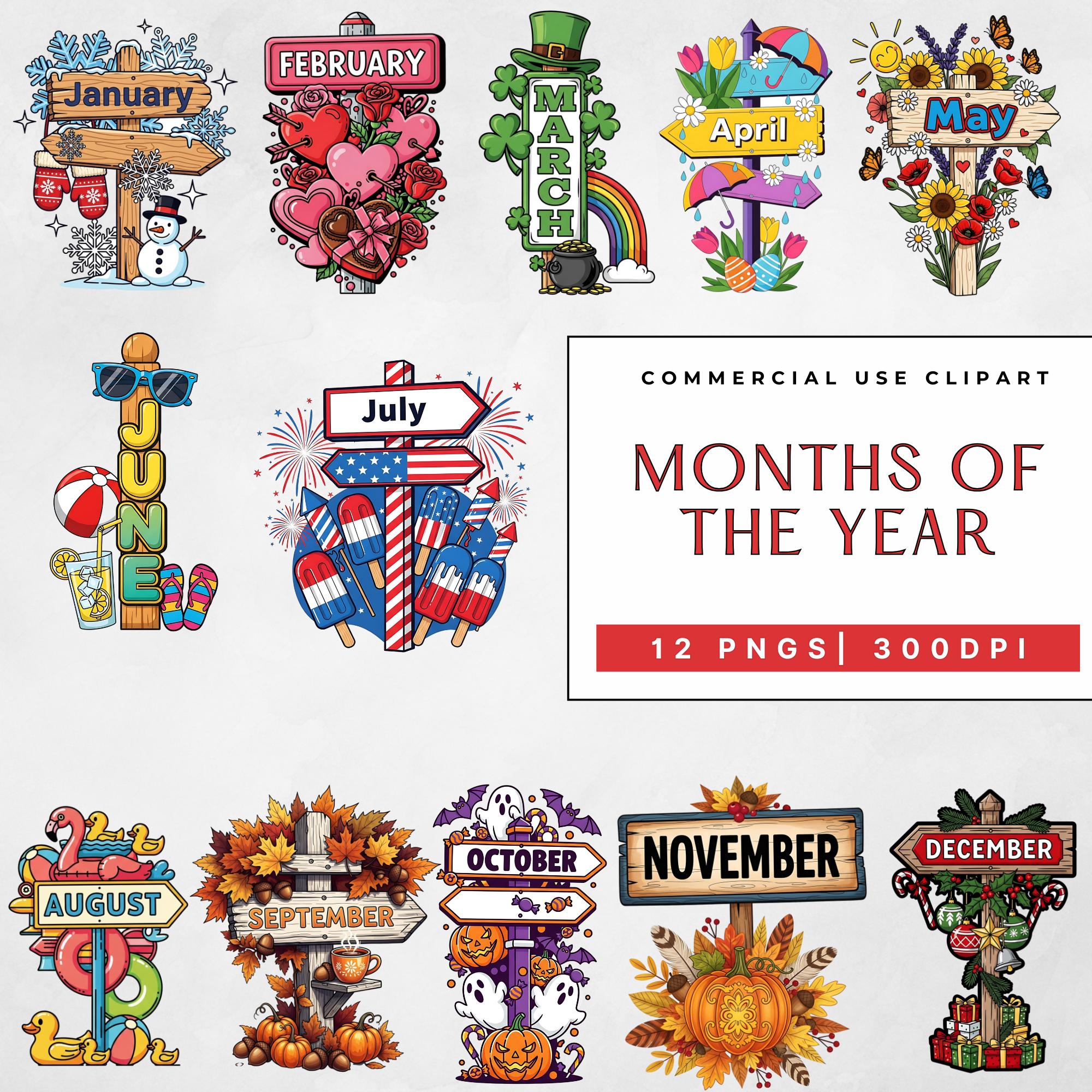 Months of the Year Clipart Bunde, Seasonal Holiday & Monthly Png ...