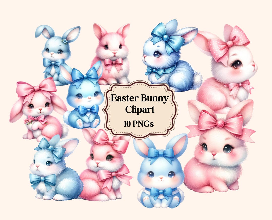 Pink and Blue Coquette Easter Bunnies Pngs, Clipart Easter Bunny With ...