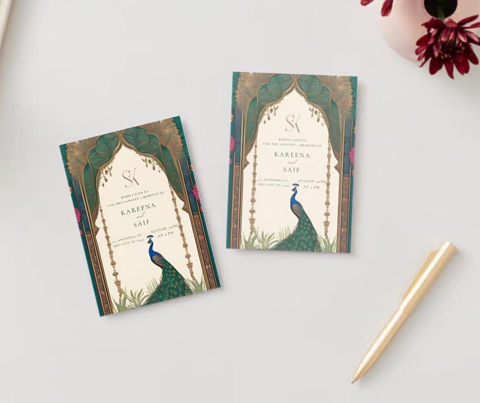 Indian Wedding Invitations Hindu Asian Peacock Blue Golden Frame - Etsy