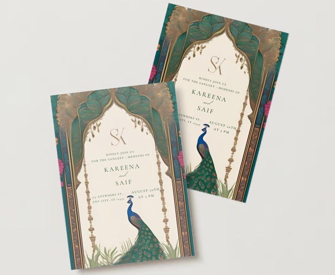 Indian Wedding Invitations Hindu Asian Peacock Blue Golden Frame - Etsy