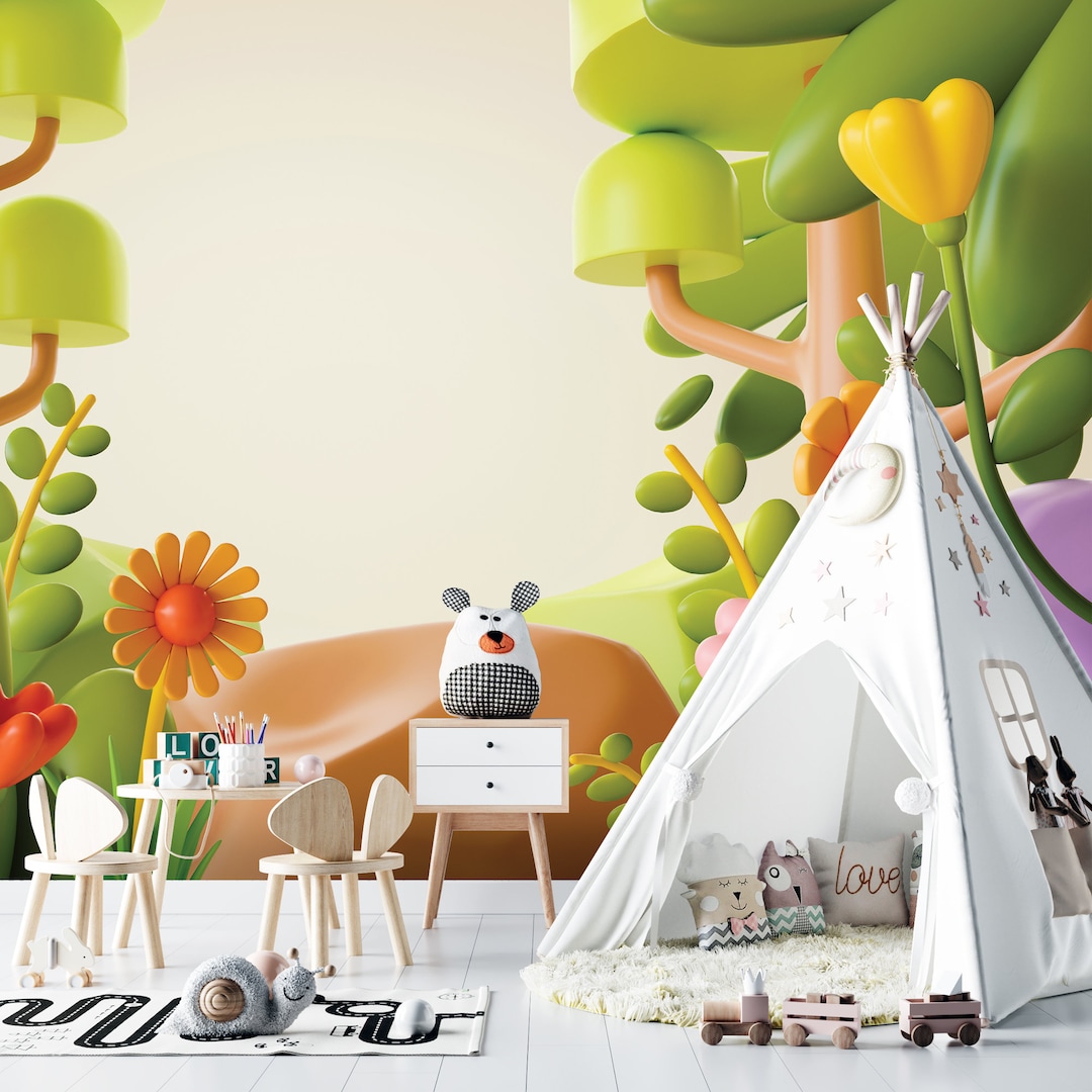 Enchanted Forest Kids' Room Wallpaper, Colorful Storybook Trees Wall ...