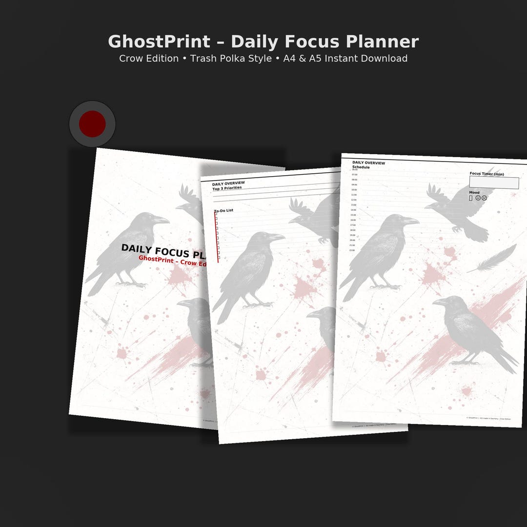 Daily Focus Planner Printable Crow Edition | A4 & A5 Minimal PDF ...