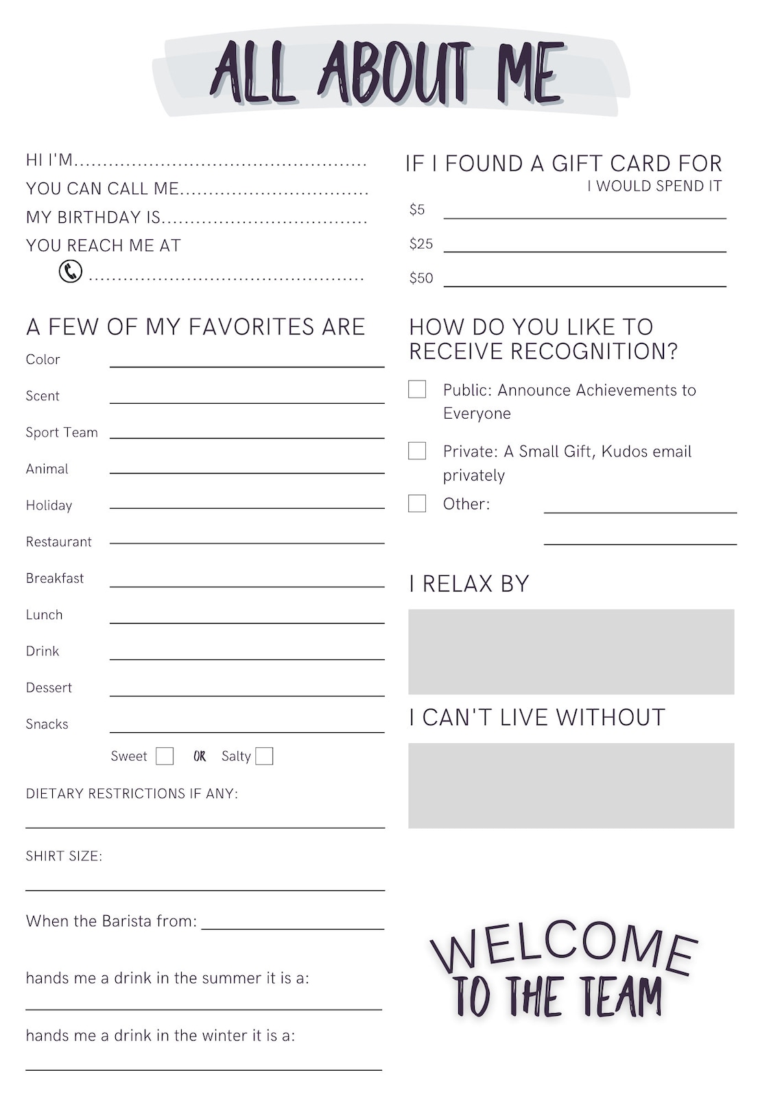 All About Me- Co-worker Questions - Etsy