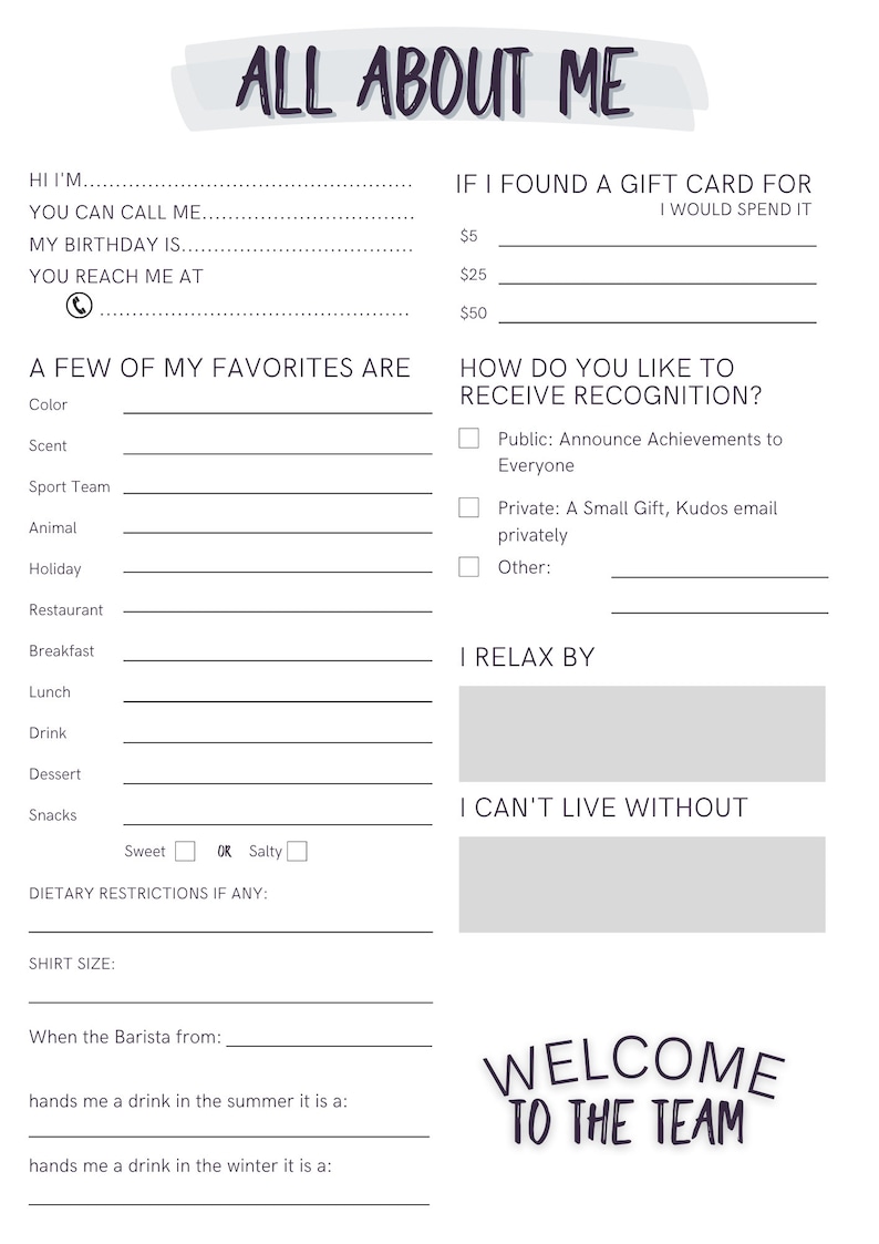 All About Me- Co-worker Questions - Etsy
