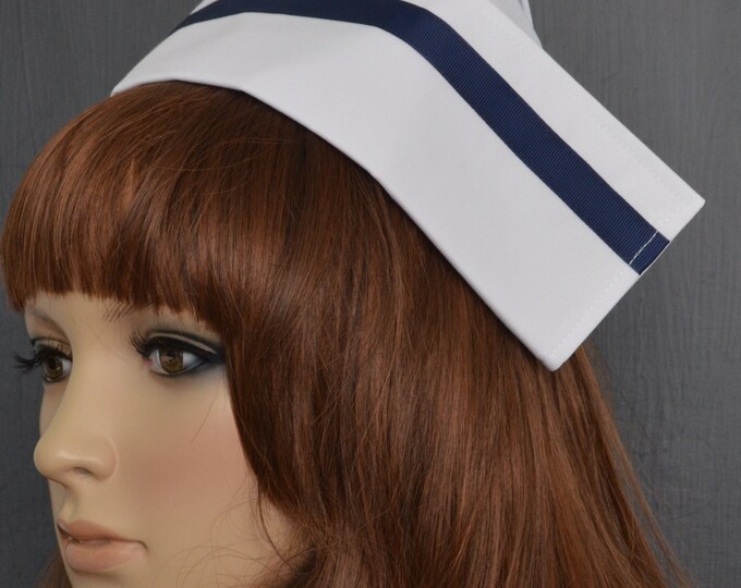 Vintage Style FABRIC NURSE'S HAT White Nurse Cap With Navy Blue Stripe ...