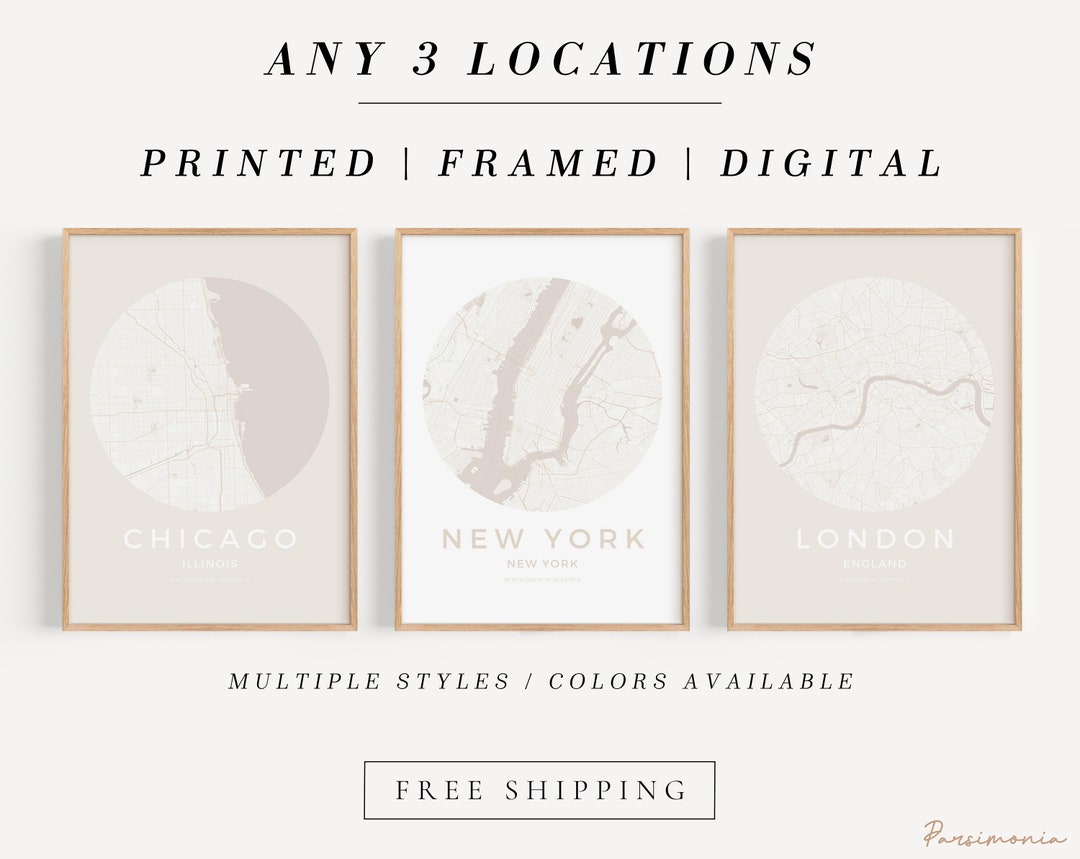 Custom Printed & Framed Map Print, Set of Three, Map Prints, Custom ...