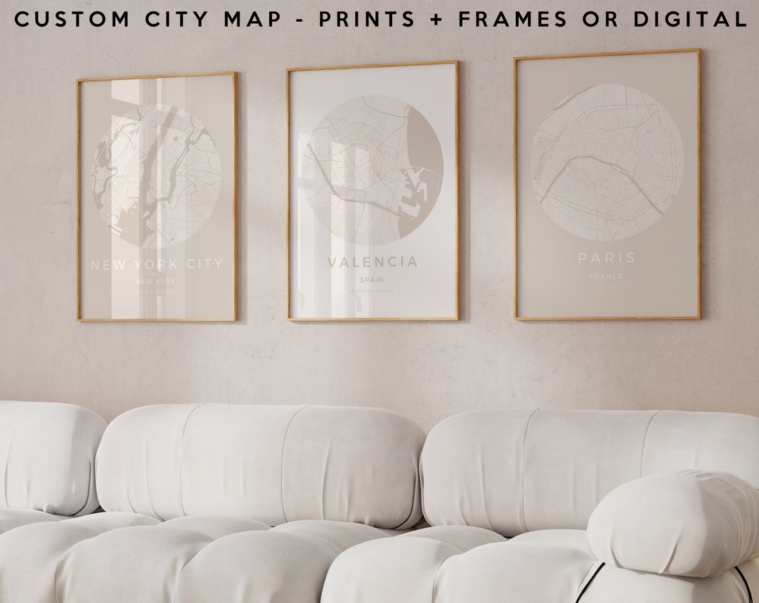 Personalized Printed & Framed Map Print, Set of Three, Map Prints ...