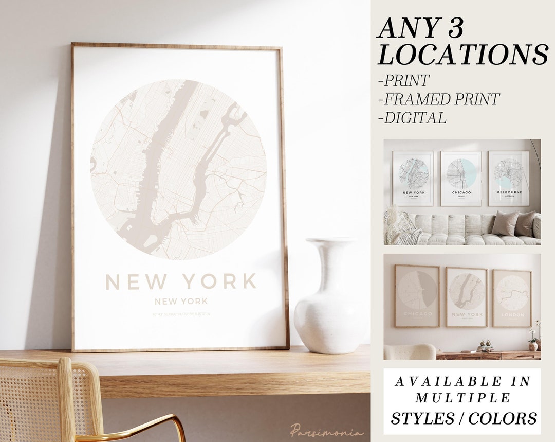 Personalized Printed & Framed Map Print, Set of Three, Map Prints ...