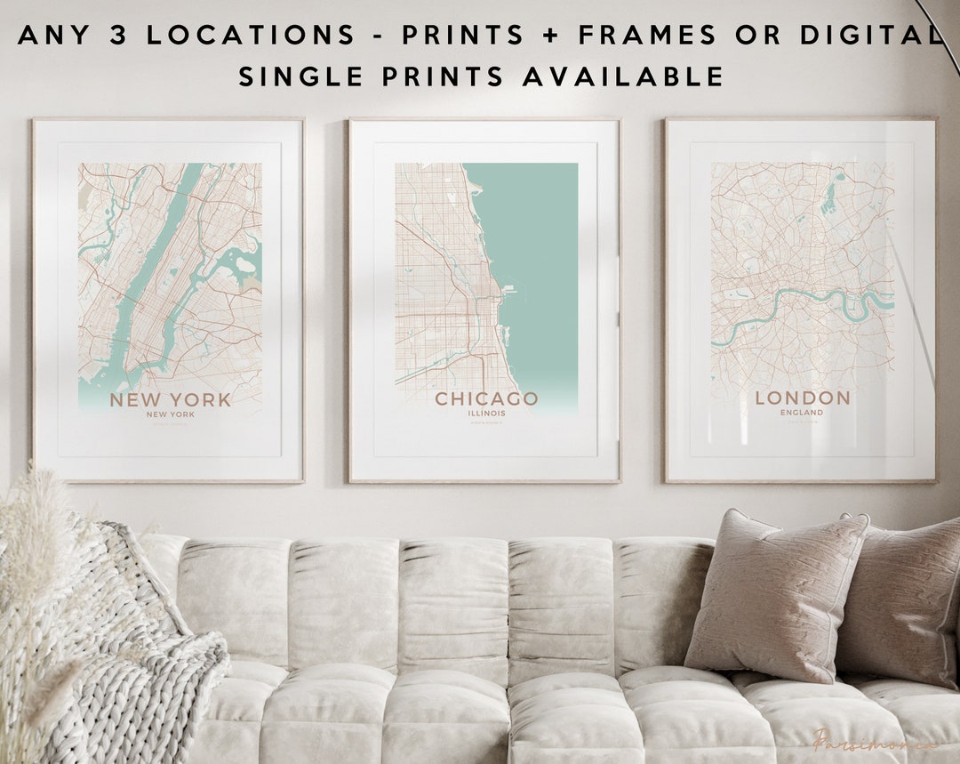 Personalized Printed & Framed Map Print, Set of Three, Map Prints ...