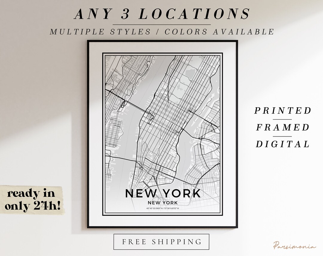 Personalized Printed & Framed Map Print, Set of Three, Map Prints ...