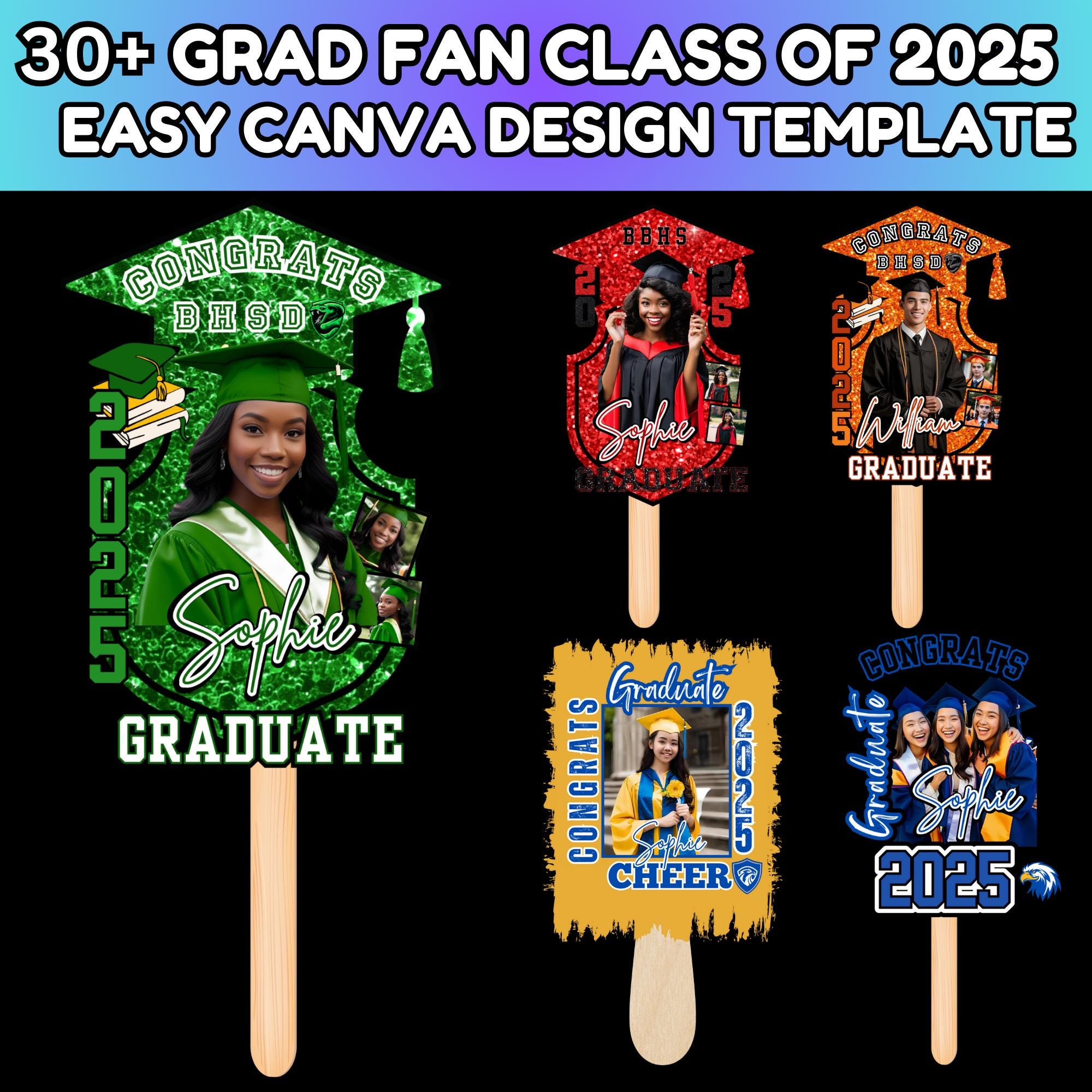 30+ Grad Fan Canva Editable Template, Class of 2025 Graduation Paddle ...