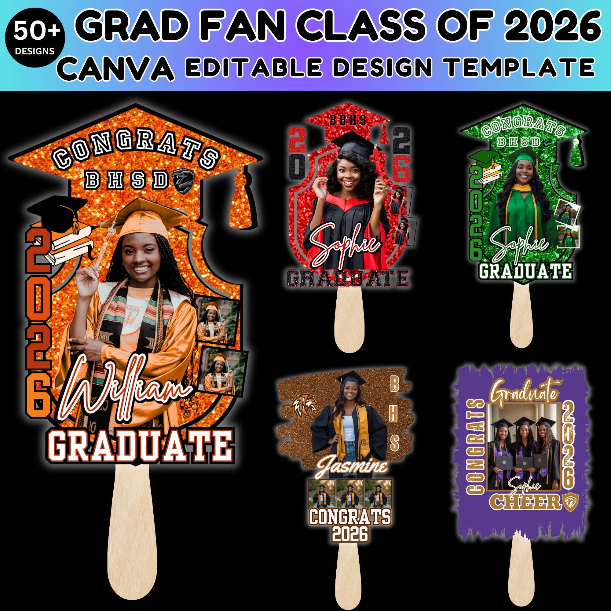 50+ Grad Fan Canva Editable Template, Class of 2026 Graduation Paddle ...