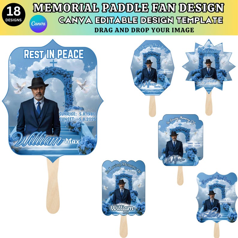In Loving Memory Memorial Funeral Fan Canva Editable Template,18 Blue ...