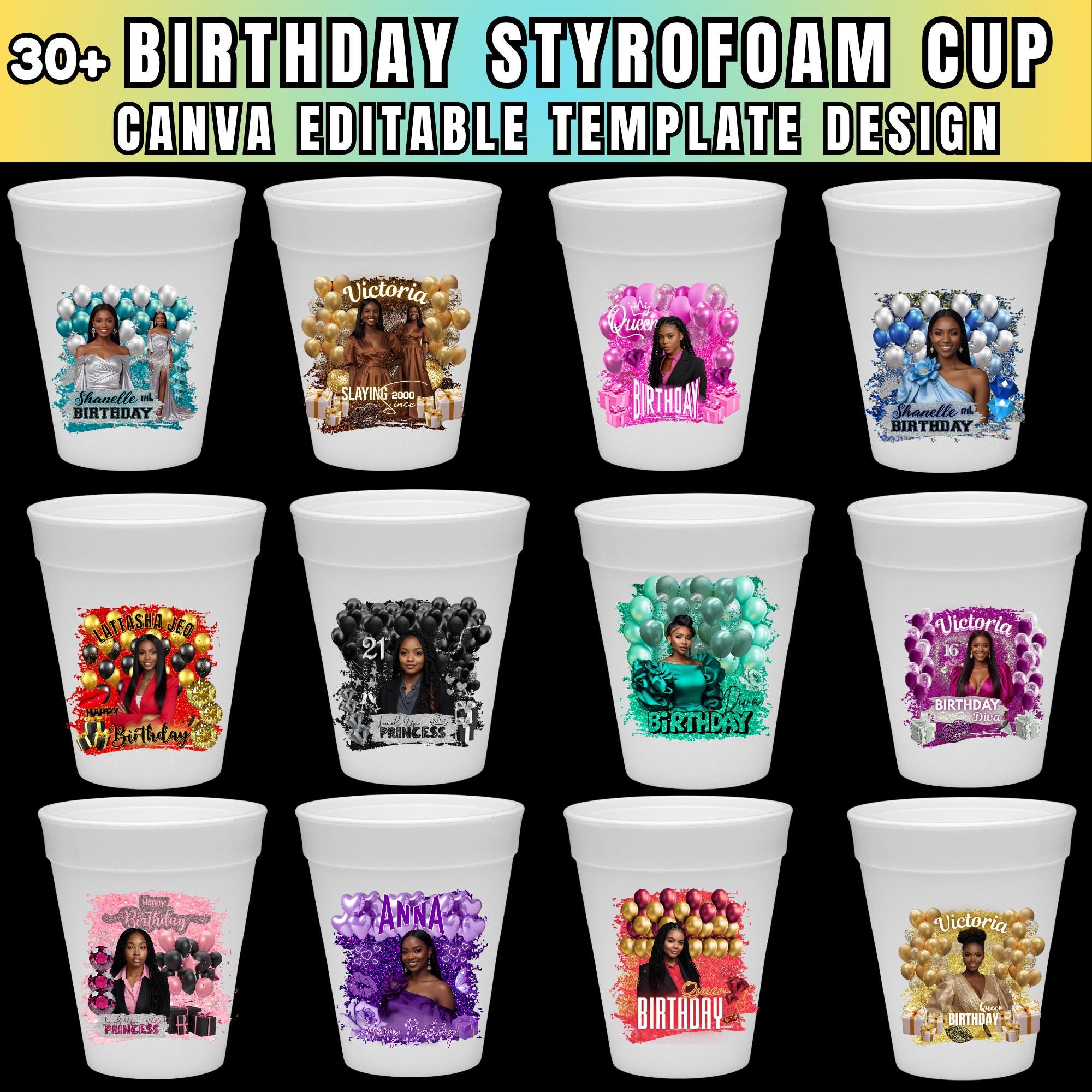 Birthday Styrofoam Cups Sticker Editable Templates, Birthday Party ...