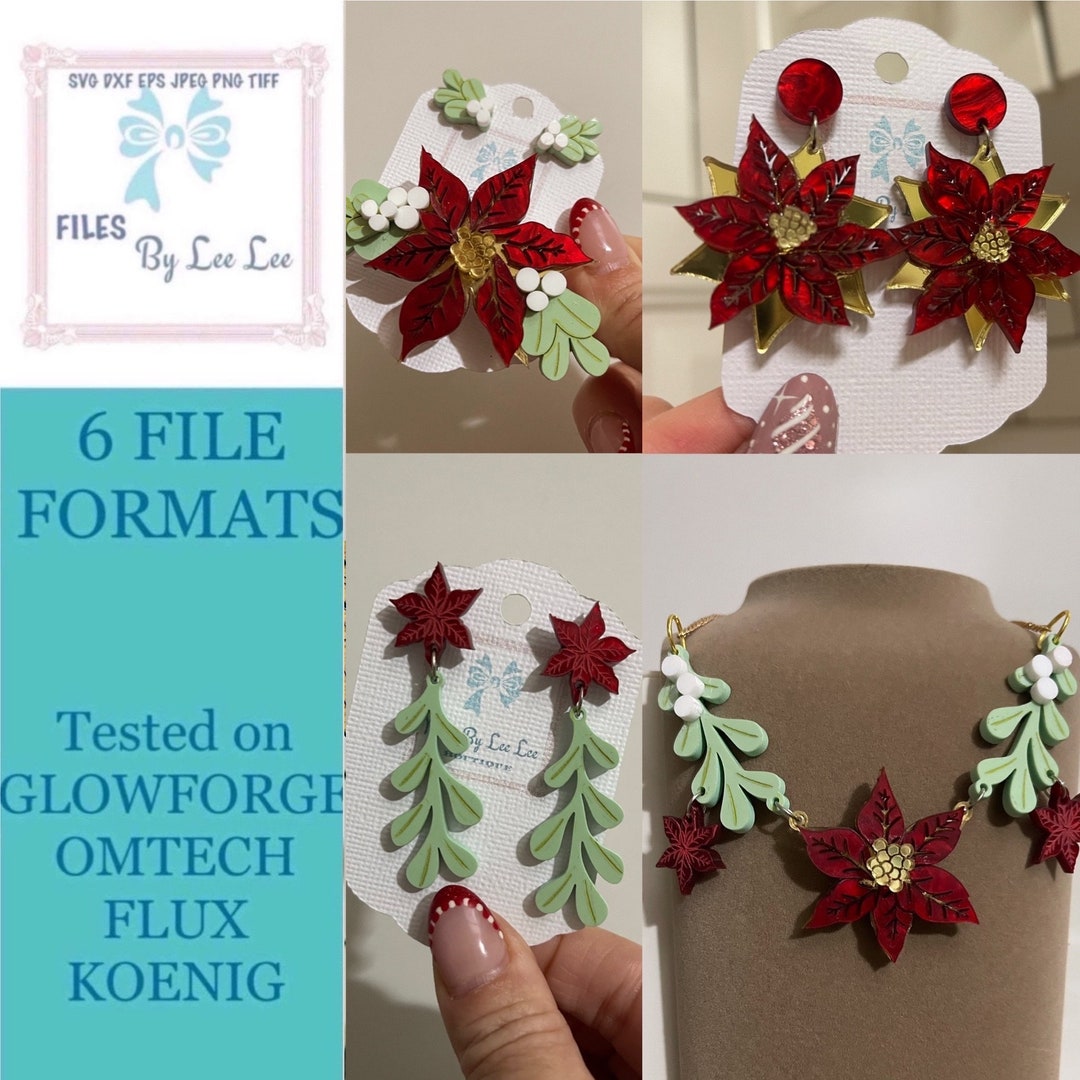 Digital Laser File, Pointsettia and Mistletoe Jewelry Bundle, Brooch, Necklace, Studs, Christmas ...