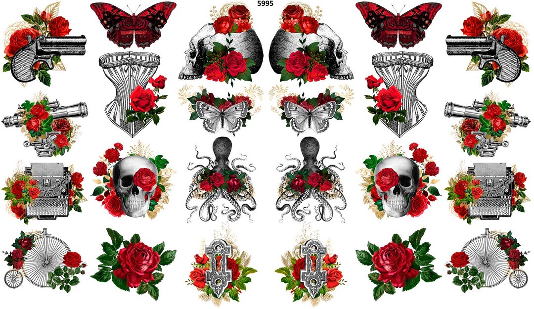 Red Roses and Steampunk - Overglaze Ceramic + Enamel Decals - Food Safe ...