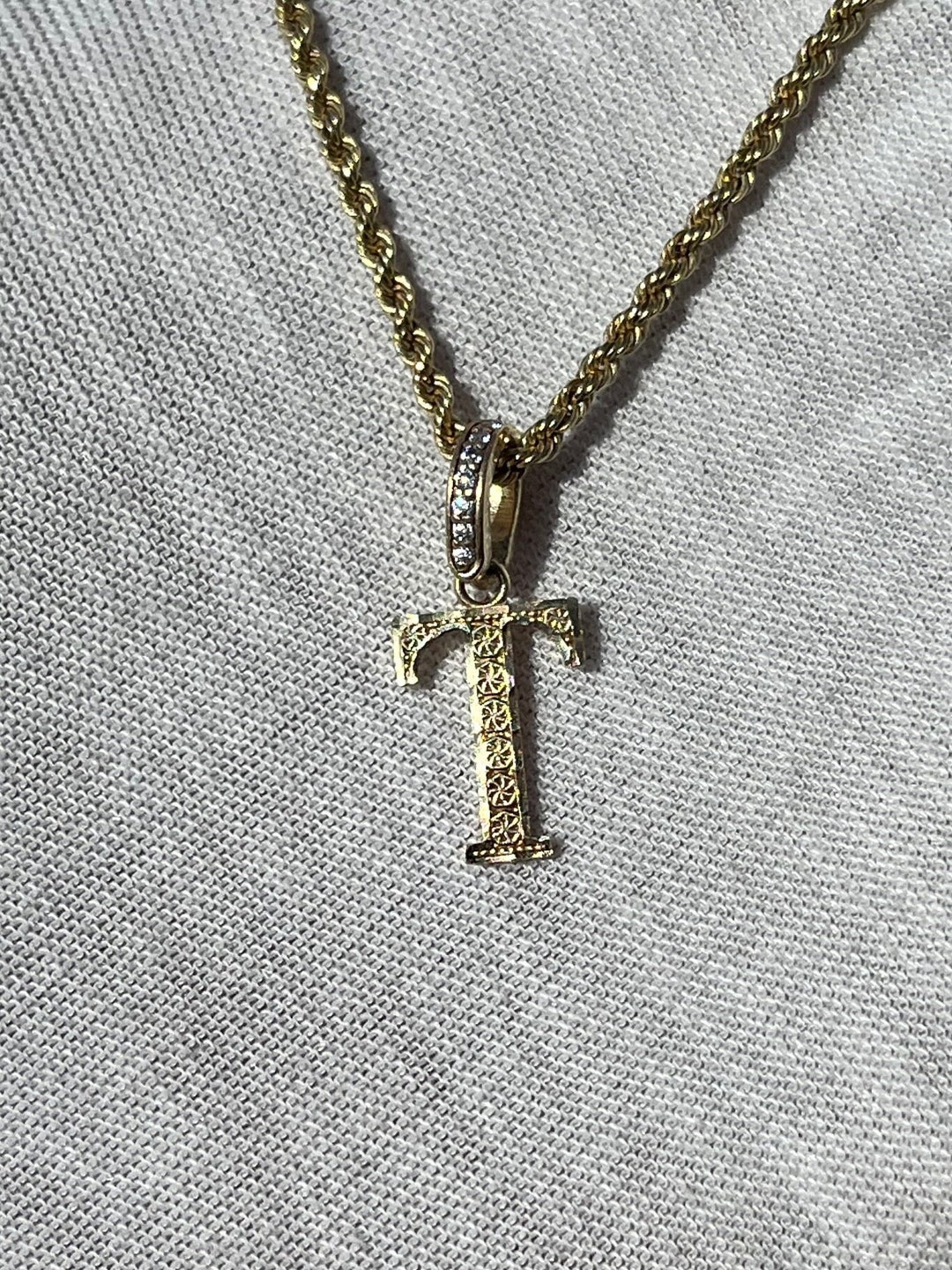 10k Yellow Gold Diamond Bail Initial Pendant W/ Rope Chain A-Z Alphabet ...