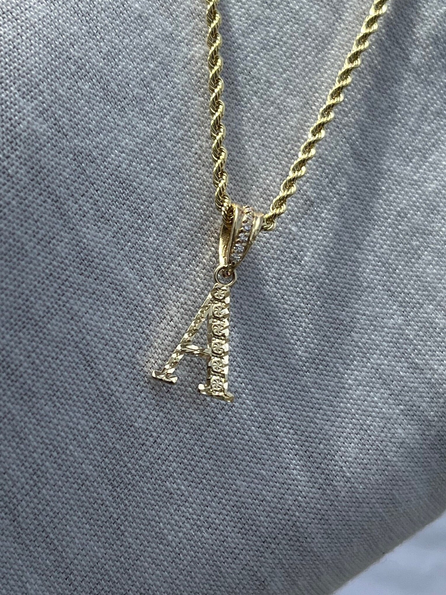 10k Yellow Gold Diamond Bail Initial Pendant W/ Rope Chain A-Z Alphabet ...