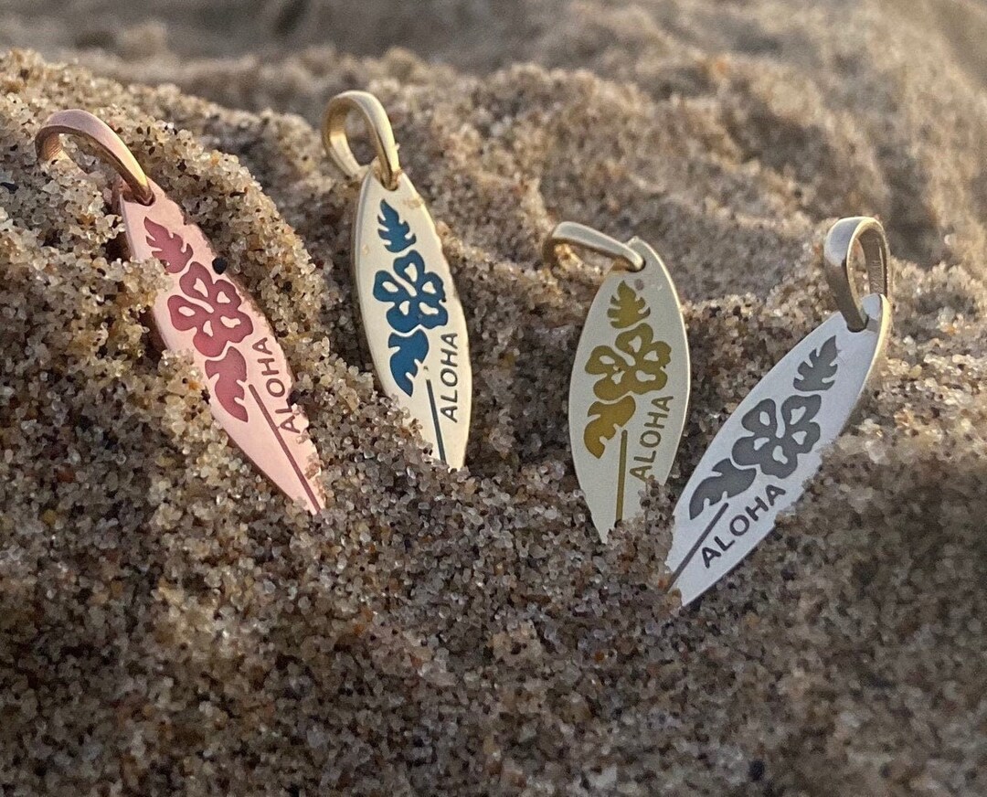 Solid Gold Glowing Enamel Aloha Surf Board Pendant, Colorful Beach ...