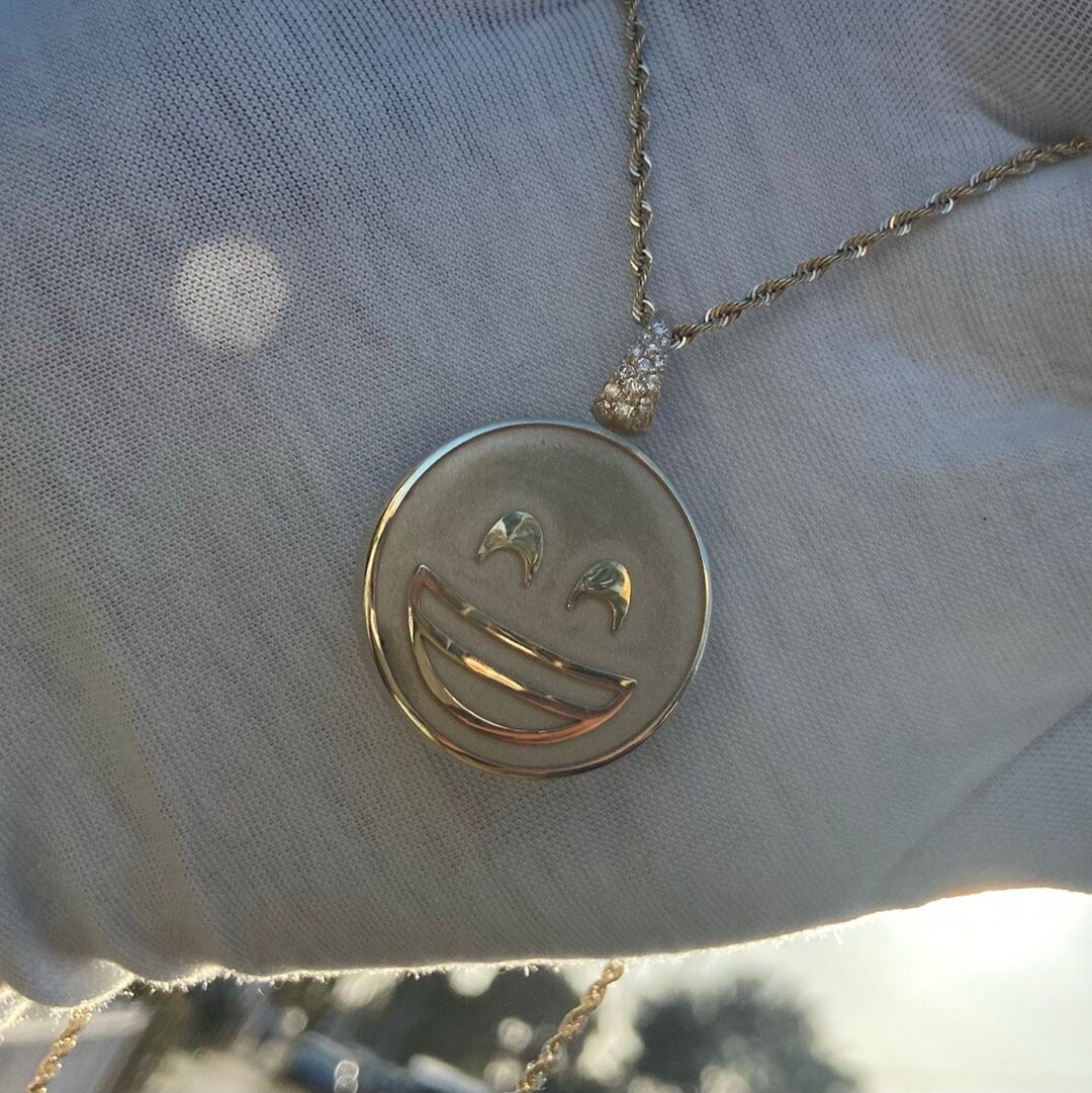 Reversible Gold Smiling Emoji Pendant With Diamond Bail, Personalized ...
