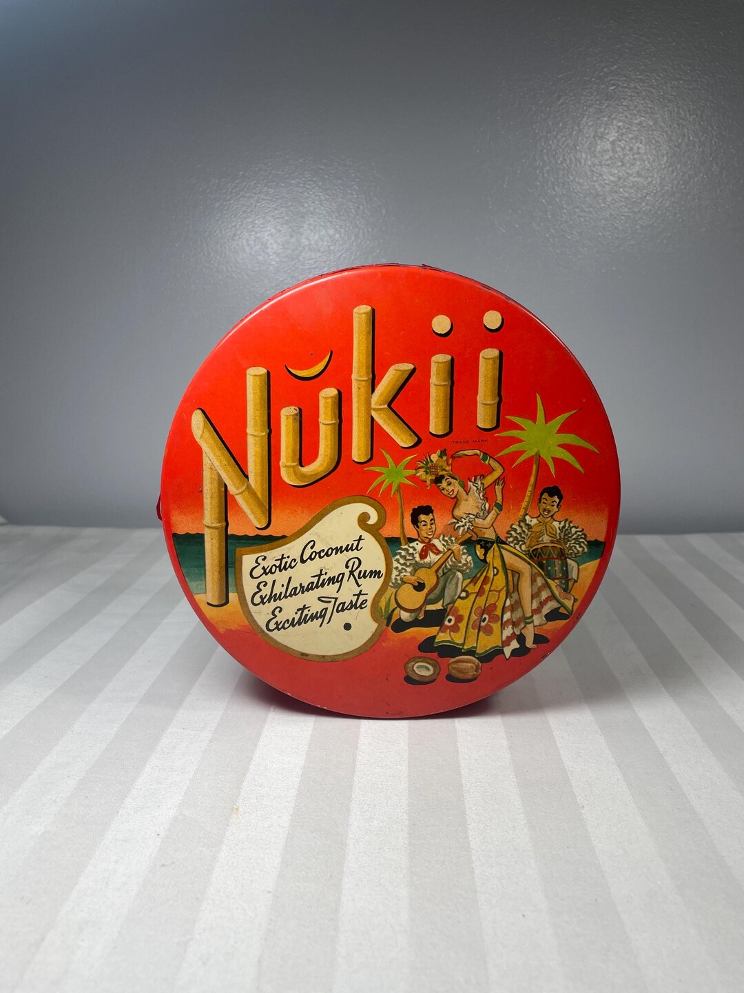 Vintage Nukii Rum Cake Tin Tropical Hawaiian Hula Girls Skirts Tiki ...