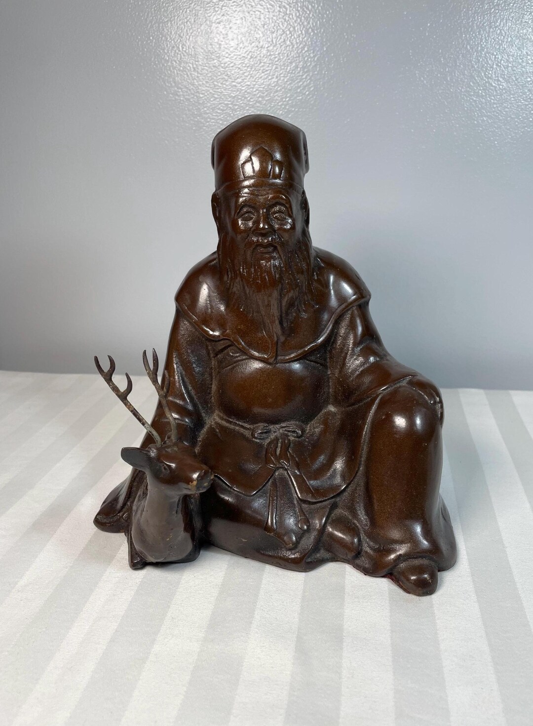 Jurojin Japanese God With Deer Cast Bronze Statue the God of Longevity ...