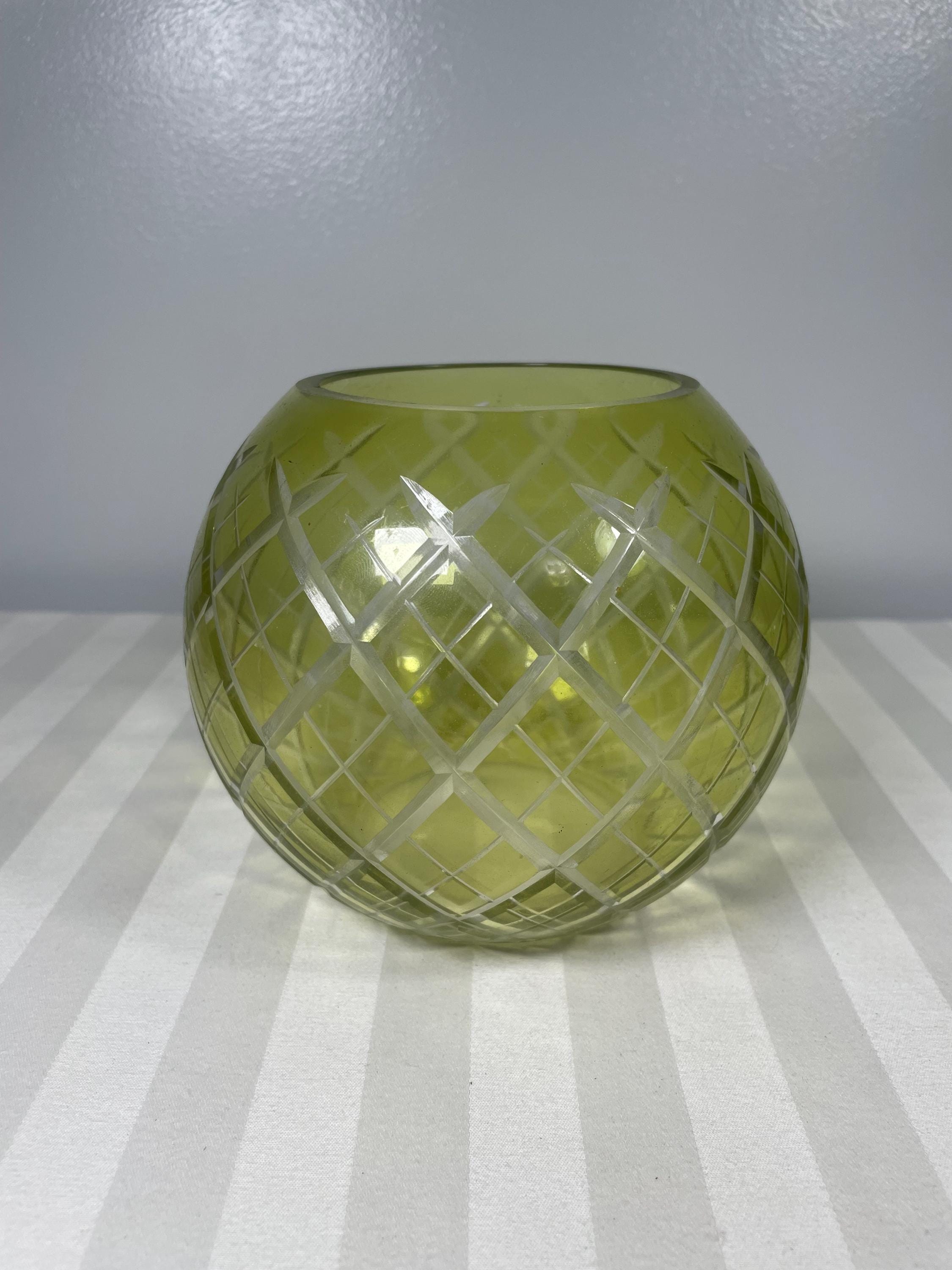Vintage Green Yellow Cross Cut Pattern Glass Round Rose Bowl Vase - Etsy
