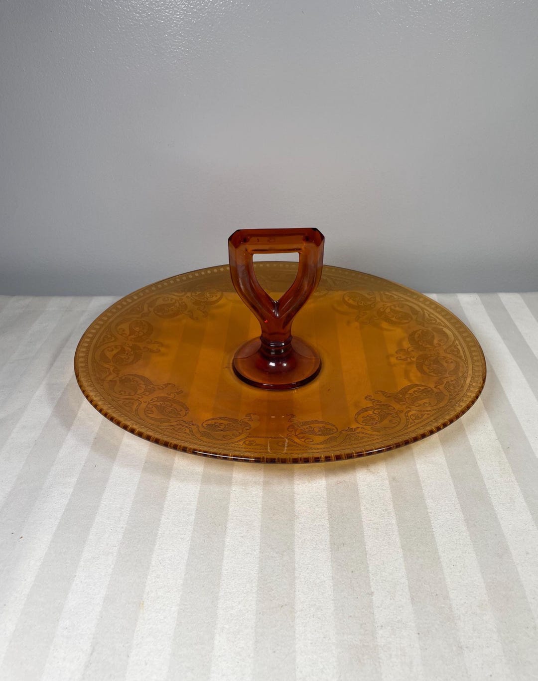 Amber Floral Etched Depression Glass Finger Sandwich Tray W/ Handle ...
