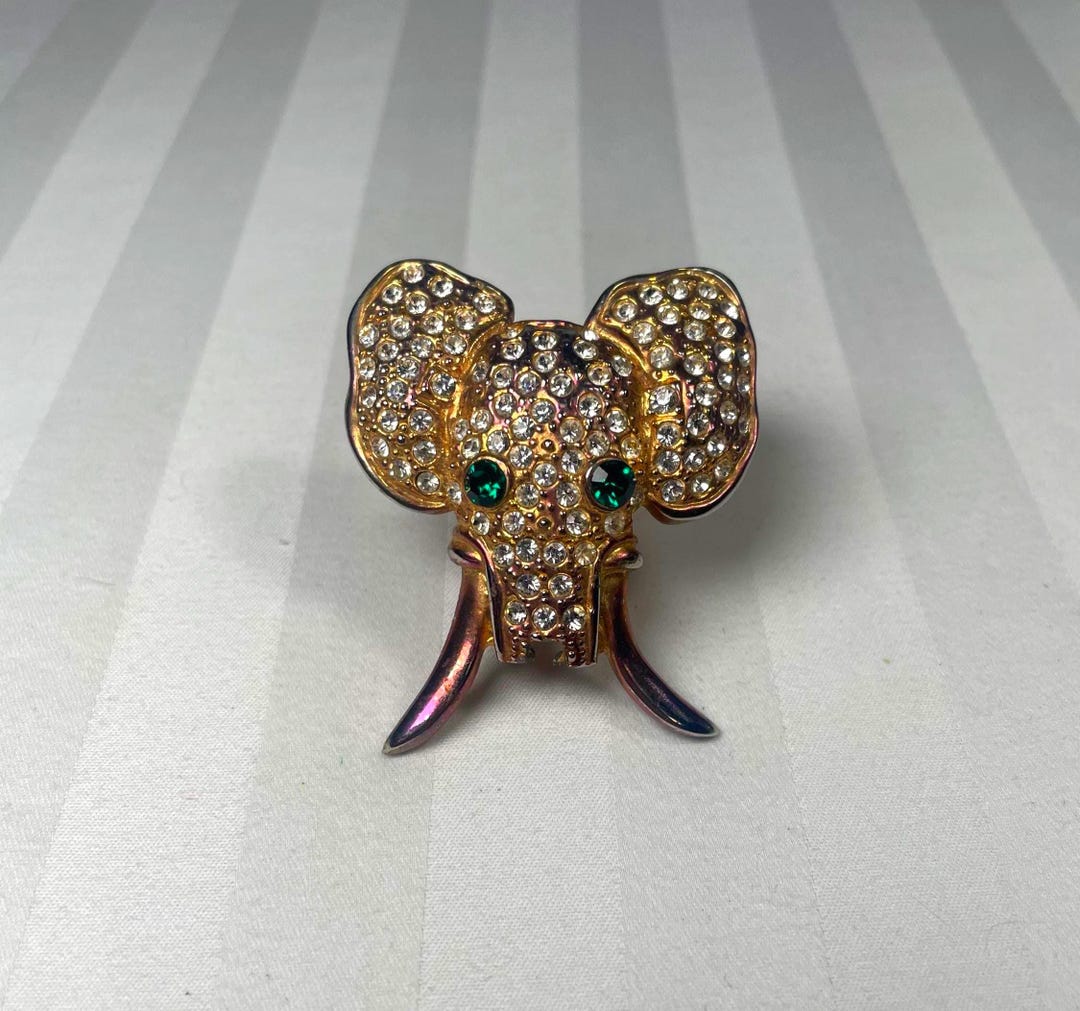 Vintage Elephant Head Brooch With Rhinestones and Green Eyes - Etsy