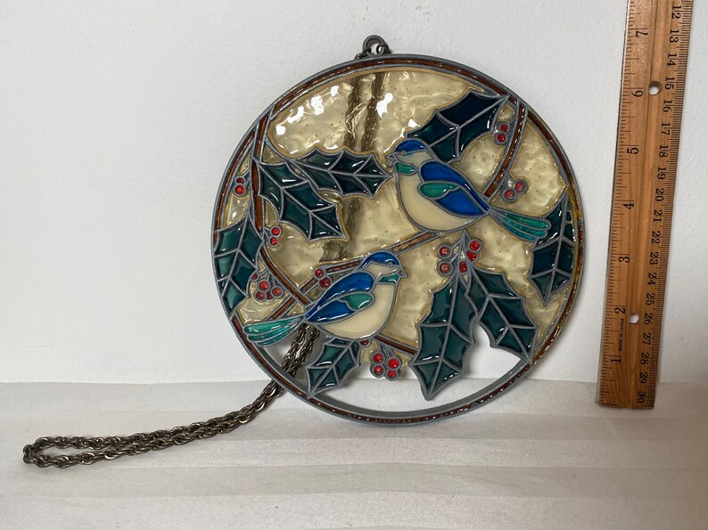 Vintage Stained Glass Suncatcher Blue Birds in Cherry Trees With Chain ...
