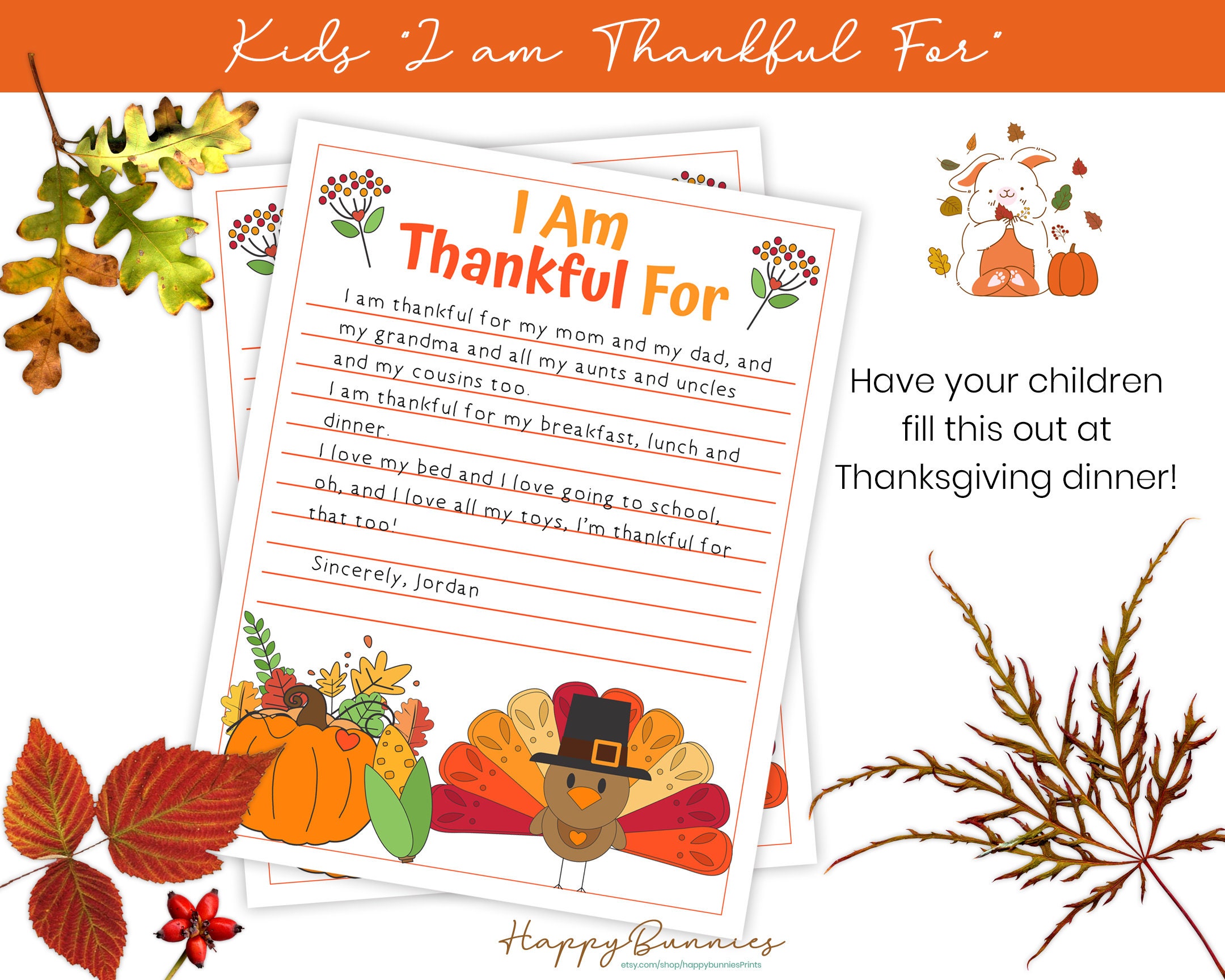 Kids I Am Thankful for Printable Printable Thanksgiving - Etsy