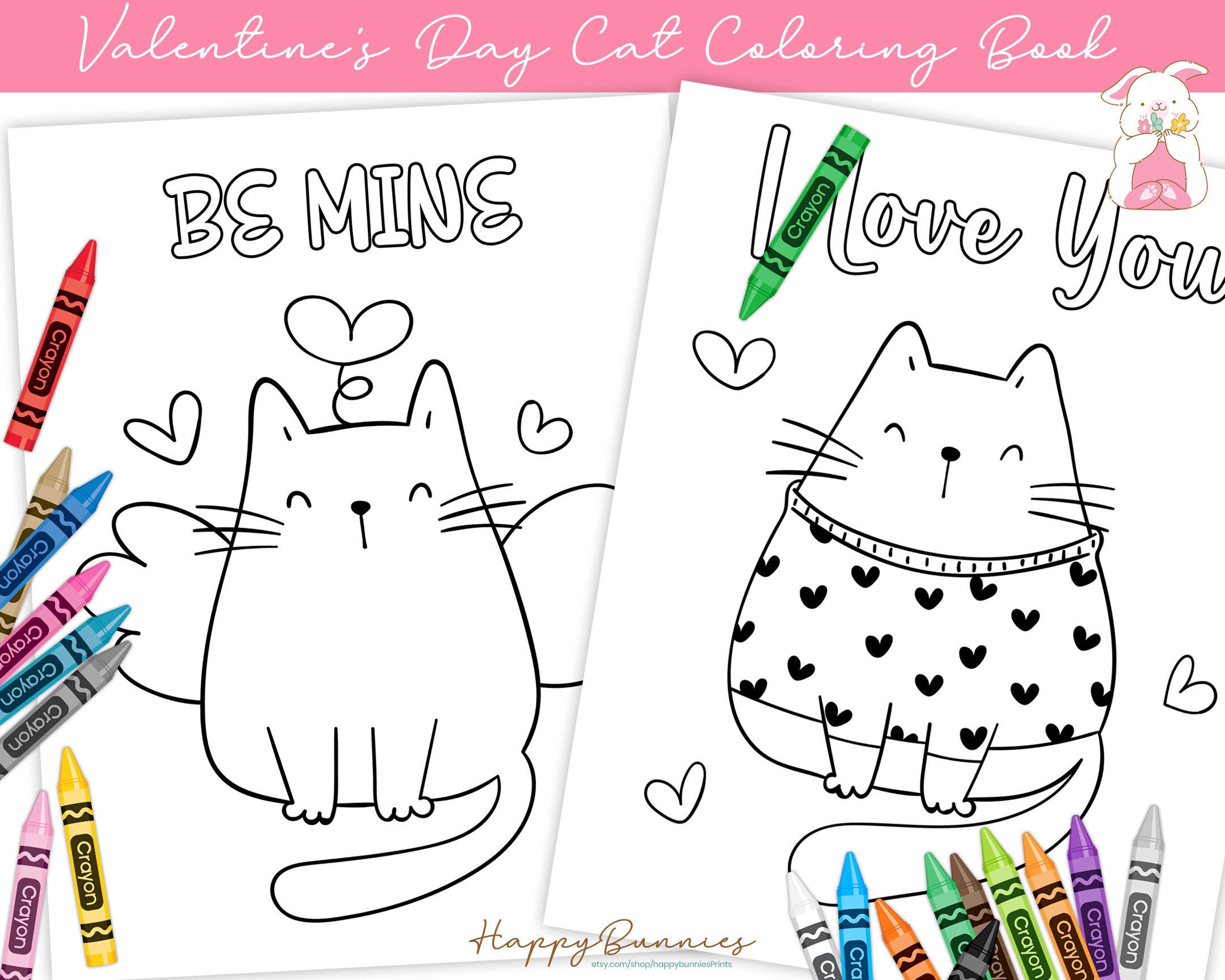 Valentine’s Day Cat Coloring Pages Set of 6, Printable Valentine’s Day ...