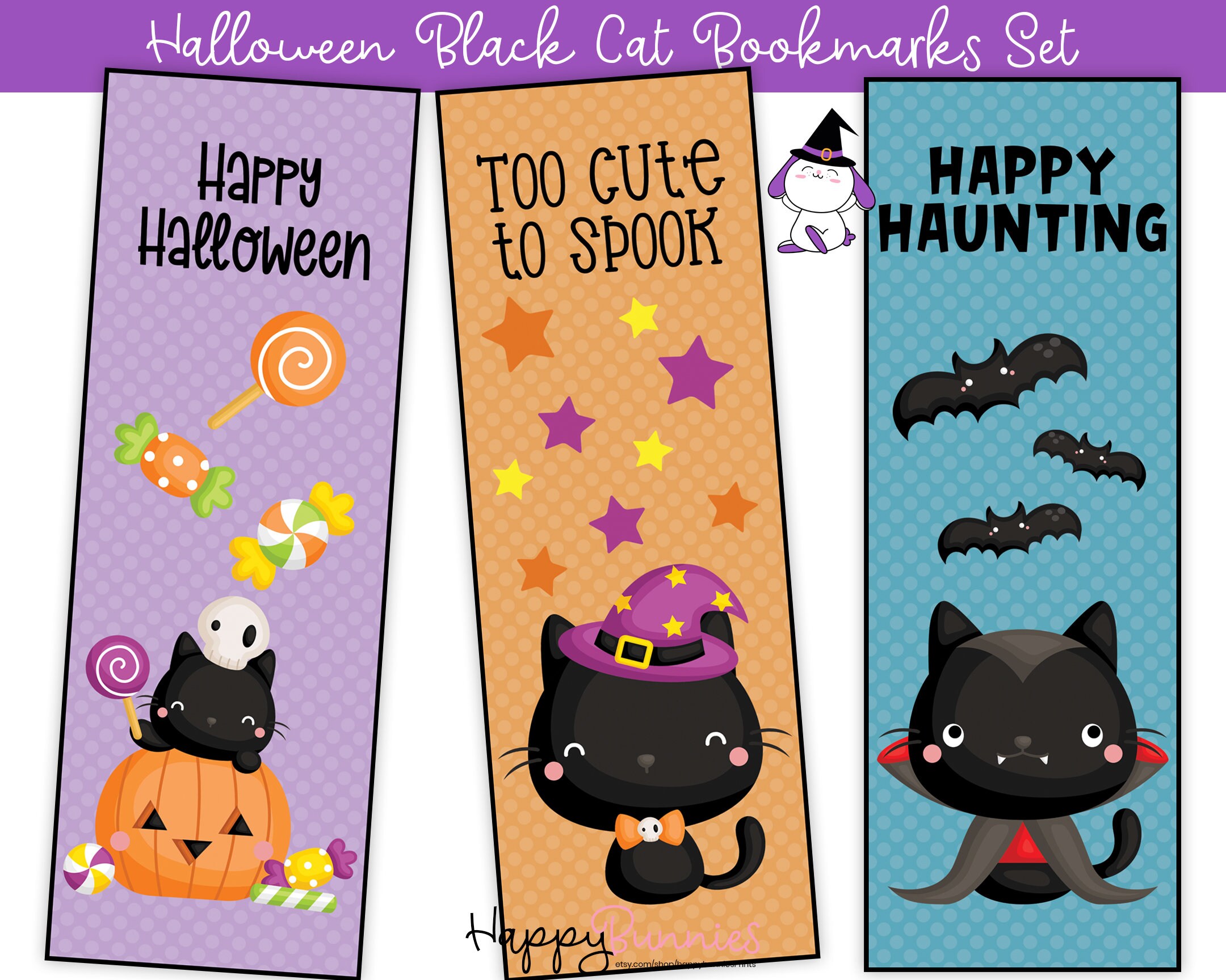 Printable Halloween Black Cat Bookmarks, Set of 6, Printable Halloween ...