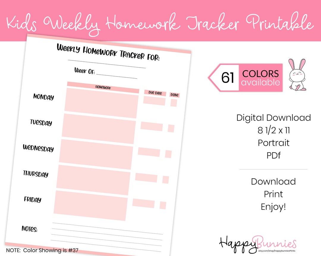 Kids Weekly Homework Tracker, Student Homework Tracker, Assignment ...