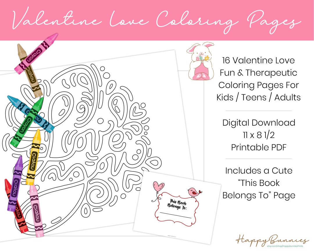 Valentines Day Love Coloring Pages, Set of 16, Printable Valentines Day ...